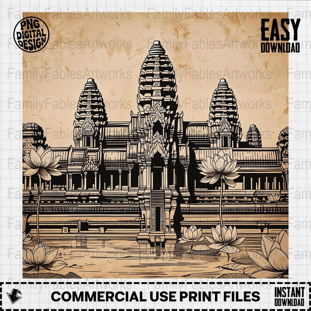 Angkor Wat Illustration: Khmer Temple, Lotus Flower (digital Download ...