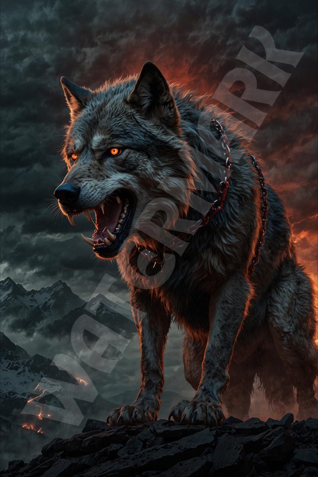 Apocalyptic Fenrir Unleashed: Fiery Wolf of Destruction in a Stormy Sky for Dark Fantasy Designs ...