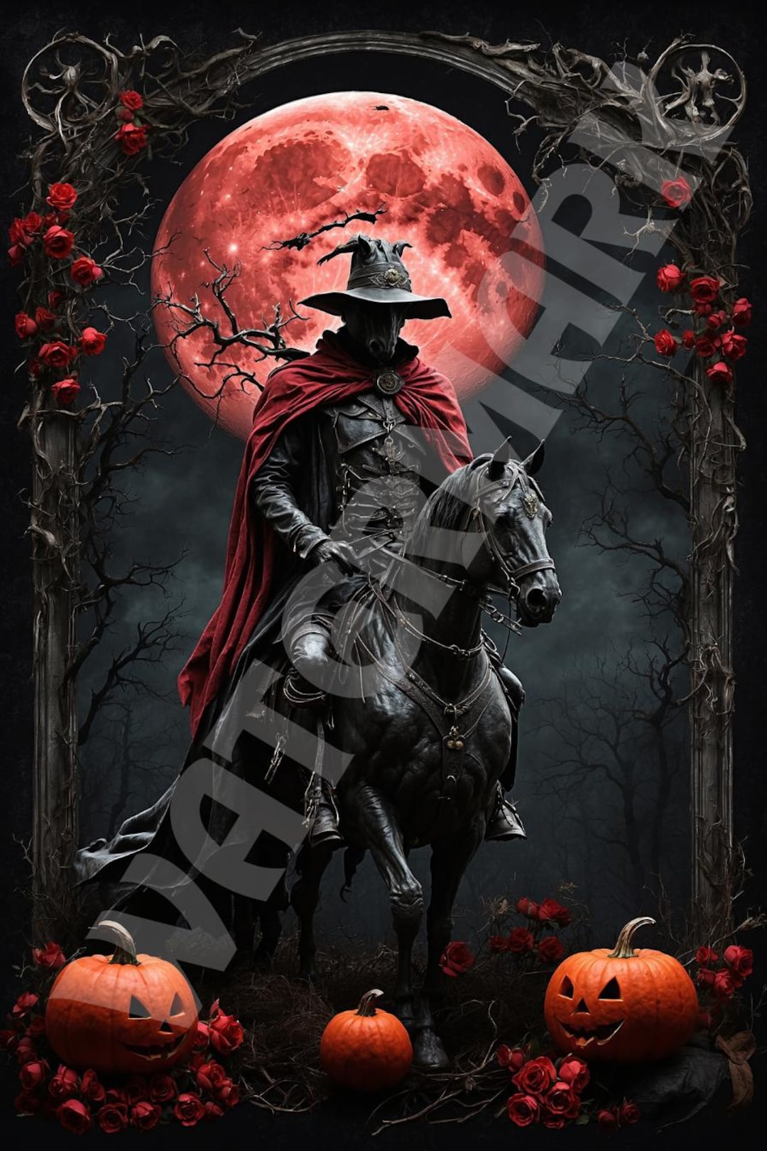 Headless Horseman Gothic Dark Academia Art With Red Full Moon, Perfect ...