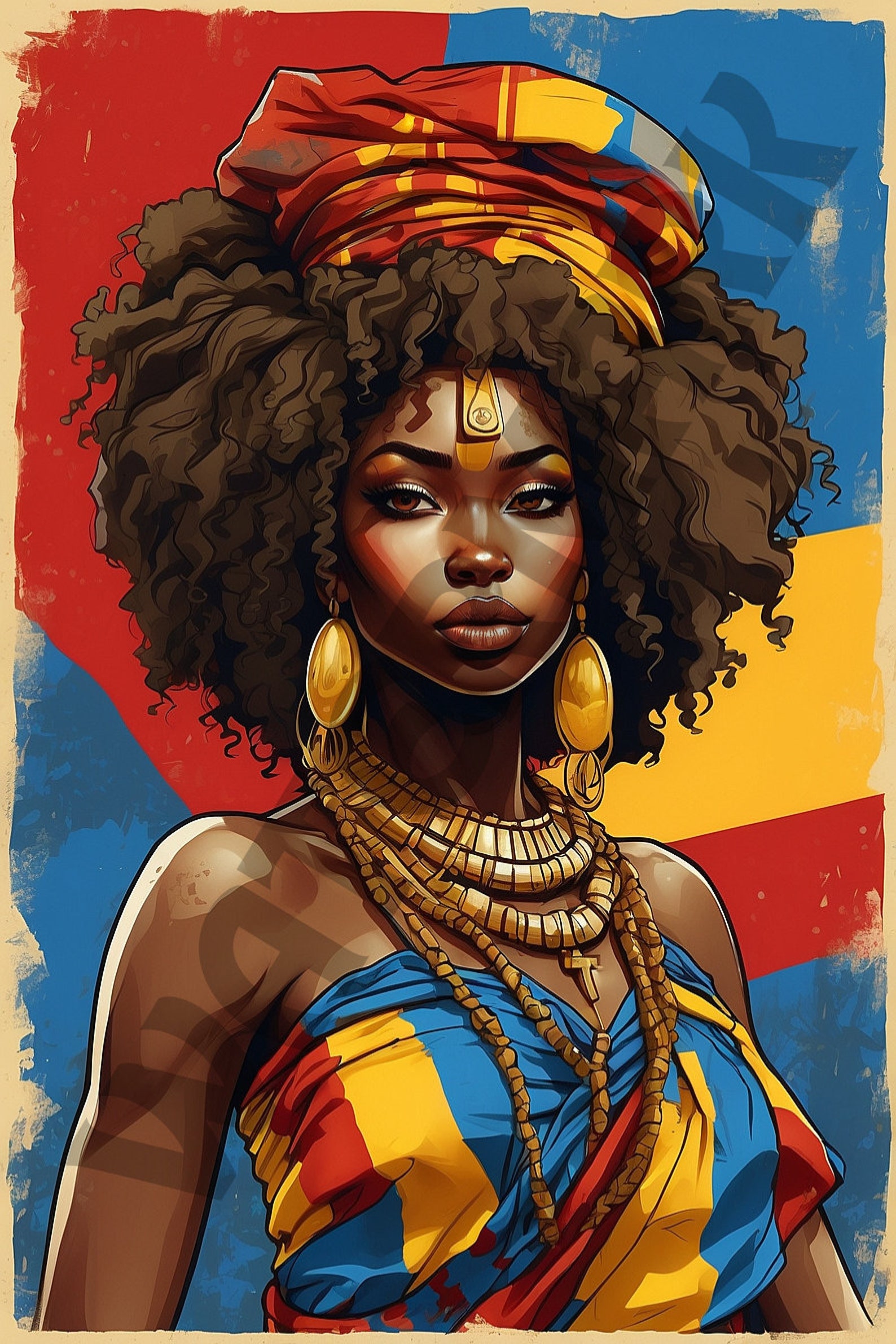 Congolese Woman Digital Art Portrait, Afro Hair Beauty, Vibrant Colors ...