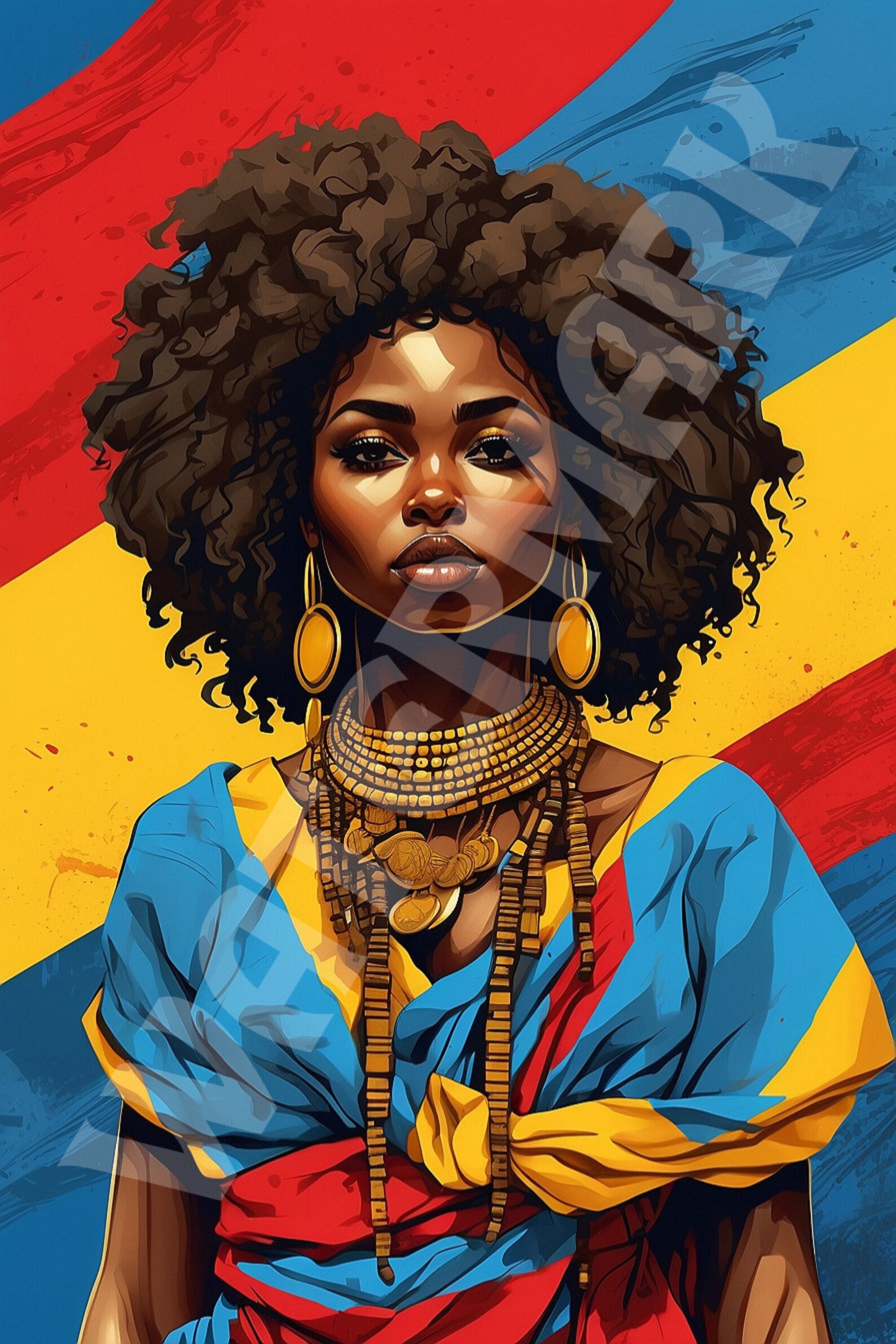 Congolese Woman Digital Art Portrait, Afro Hair Beauty, Vibrant Colors ...
