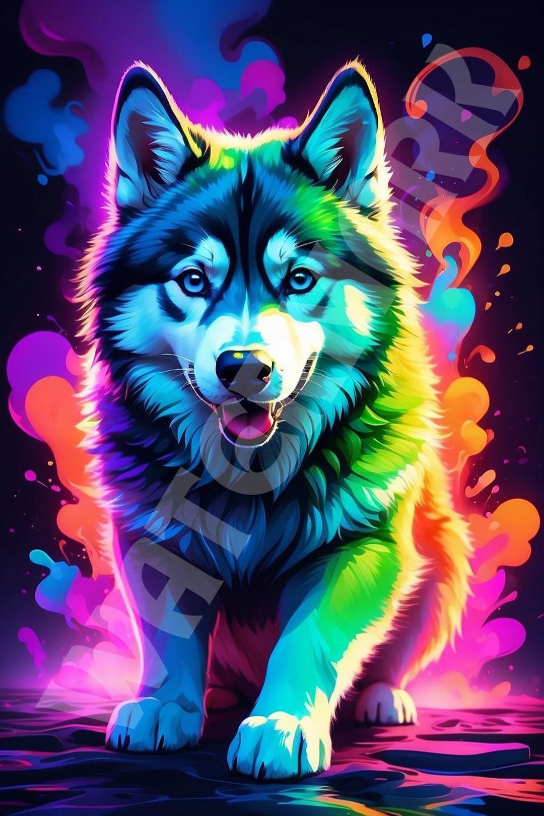 Colorful Husky Dog Digital Art Print, Vibrant Dog Portrait Wall Decor ...