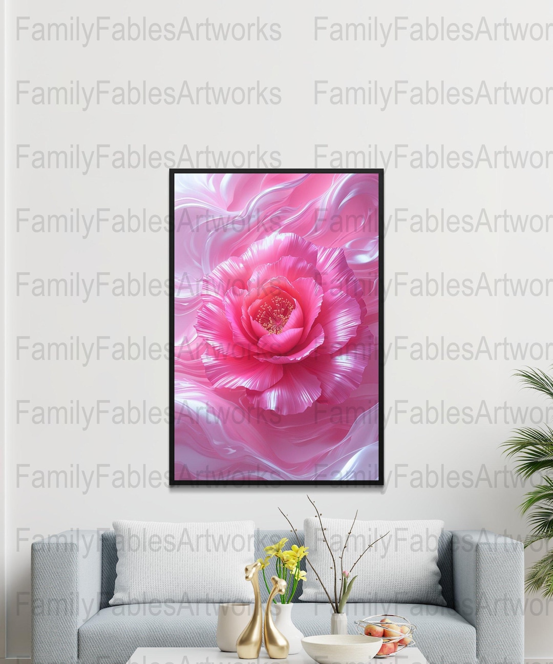Pink Flower Digital Art Print, Floral Wall Decor, Modern Home Art ...