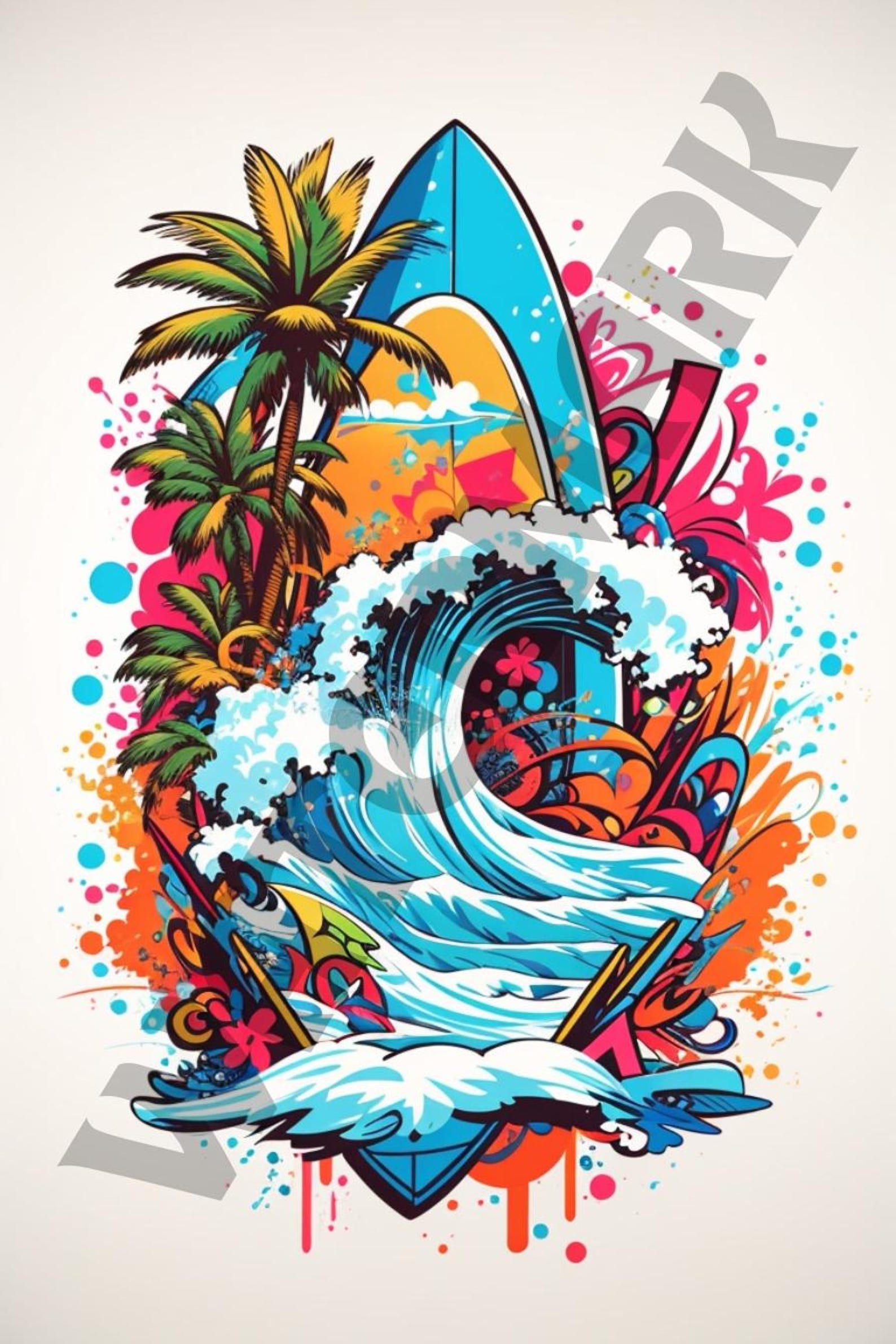 Surfboard Art Print, Digital Illustration, Tropical Beach Wall Art ...