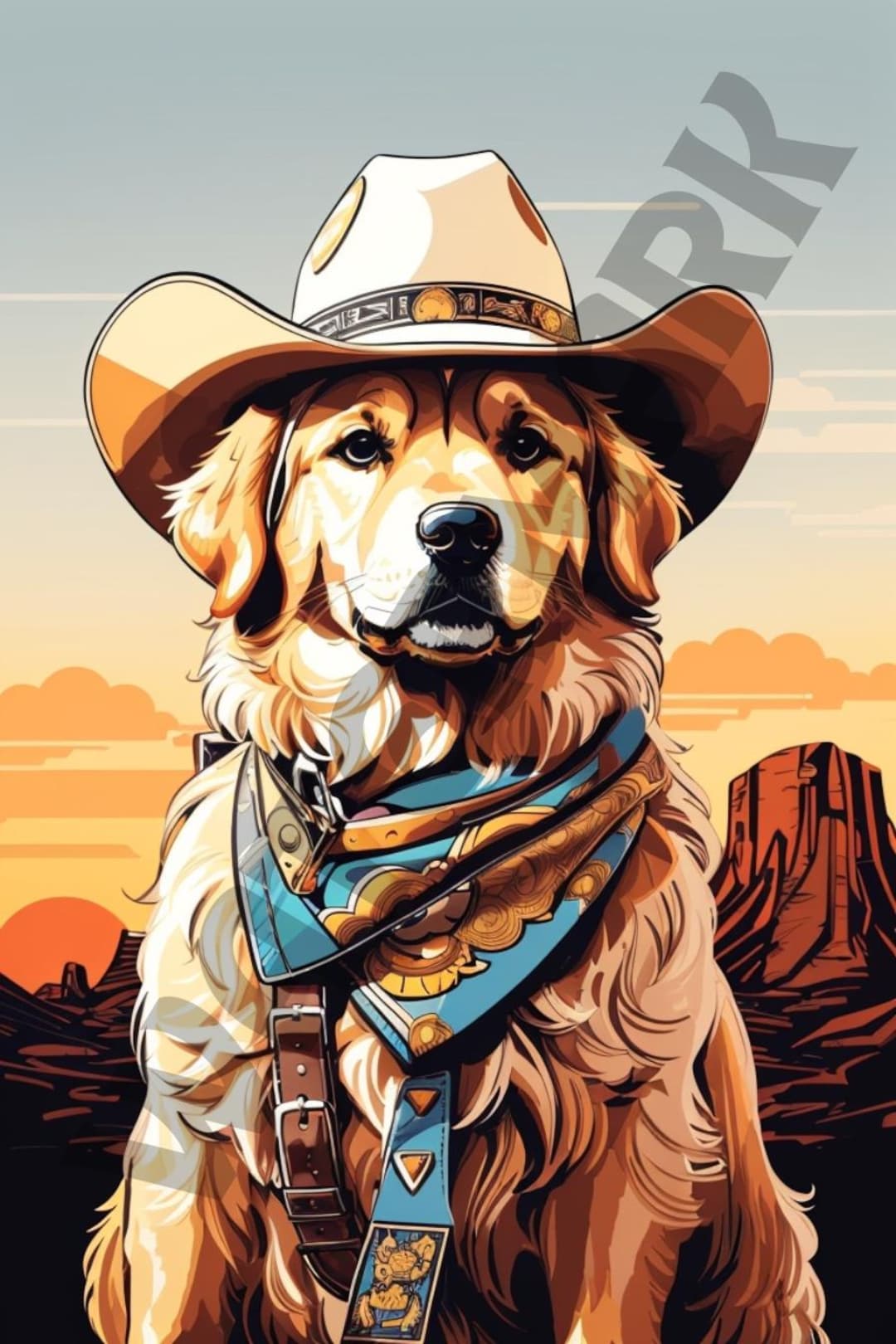 Western Cowboy Golden Retriever Art Print, Sunset Desert Digital ...