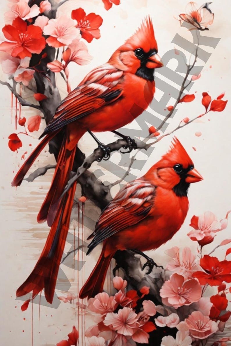 Red Cardinal Wall Art, Floral Bird Digital Print, Nature Home Decor ...