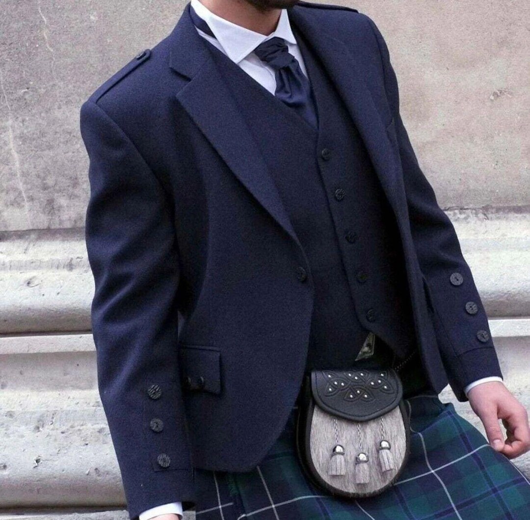 Men's Navy Blue Argyle Style Kilt Jacket With Vest 100% Wool Kilt ...