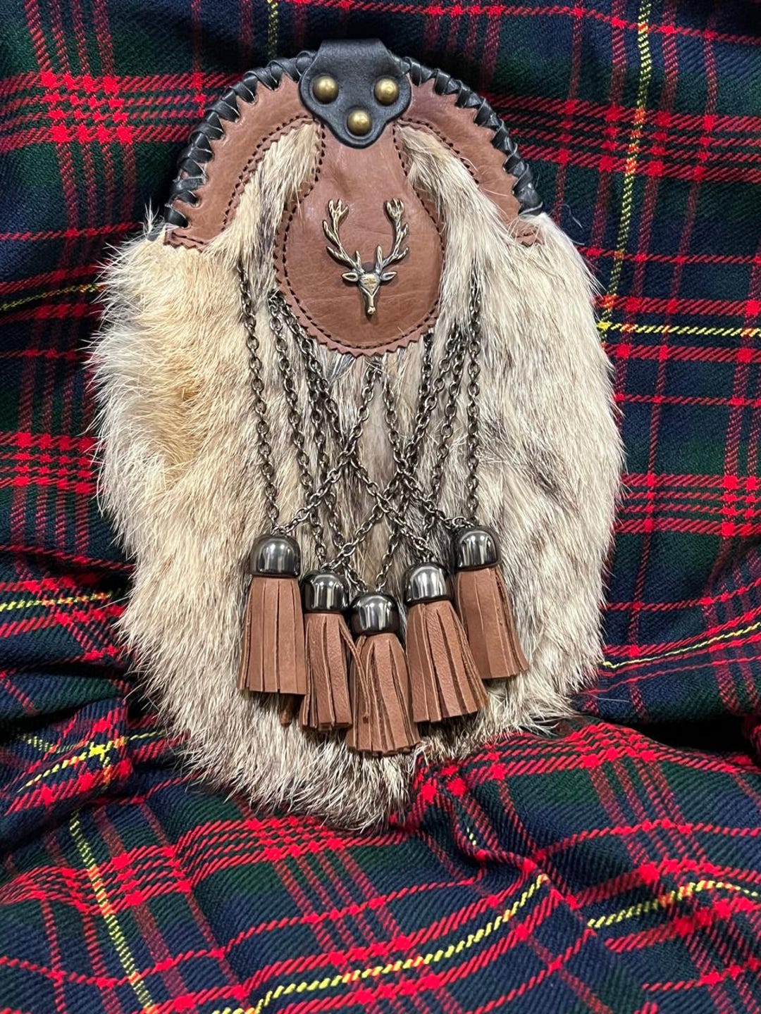 Handmade Scottish Brown Fur Stag Head Style 5 Tussle Leather Kilt ...
