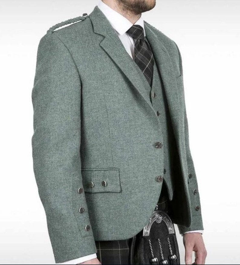 Men's Lovat Green Tweed Wool Argyle Jacket With Waistcoat Wedding Kilt ...