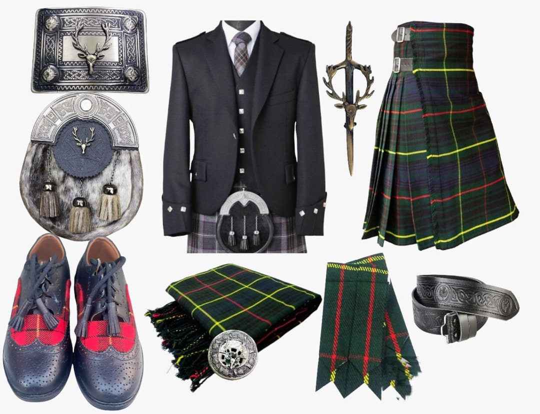 Men's Scottish Argyle Kilt Jacket Outfit 12 Pieces Stage Head Style ...
