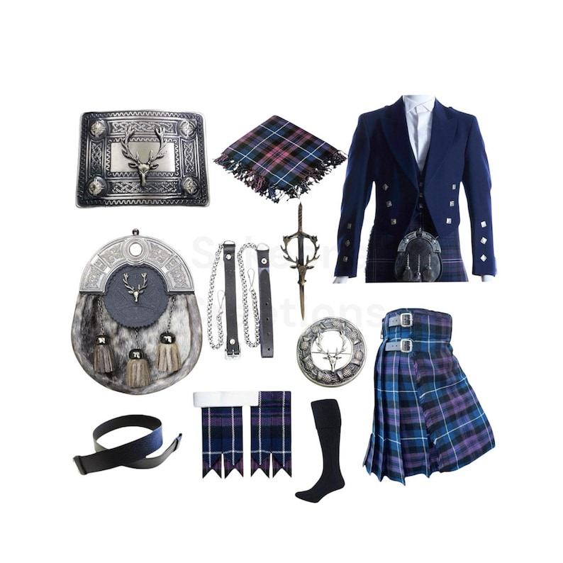 Scottish Wool Tartan Blue Prince Charlie Jacket Stag Head Sporran ...