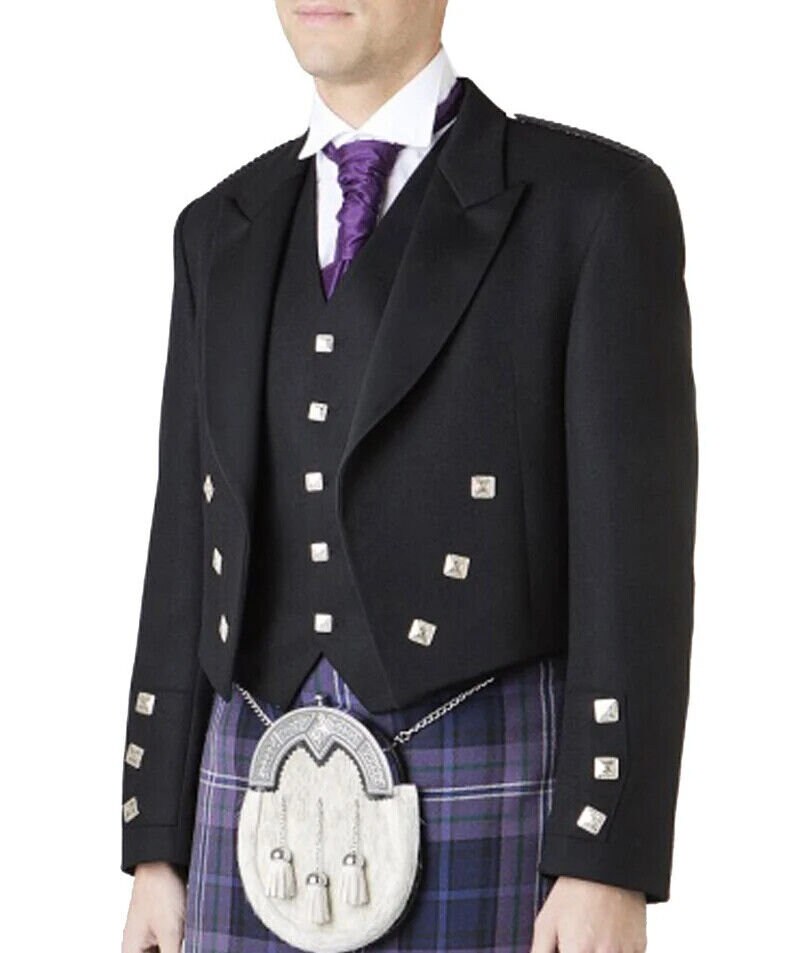 Scottish Men's Black Wool Prince Charlie Kilt Jacket & Vest: Highland ...