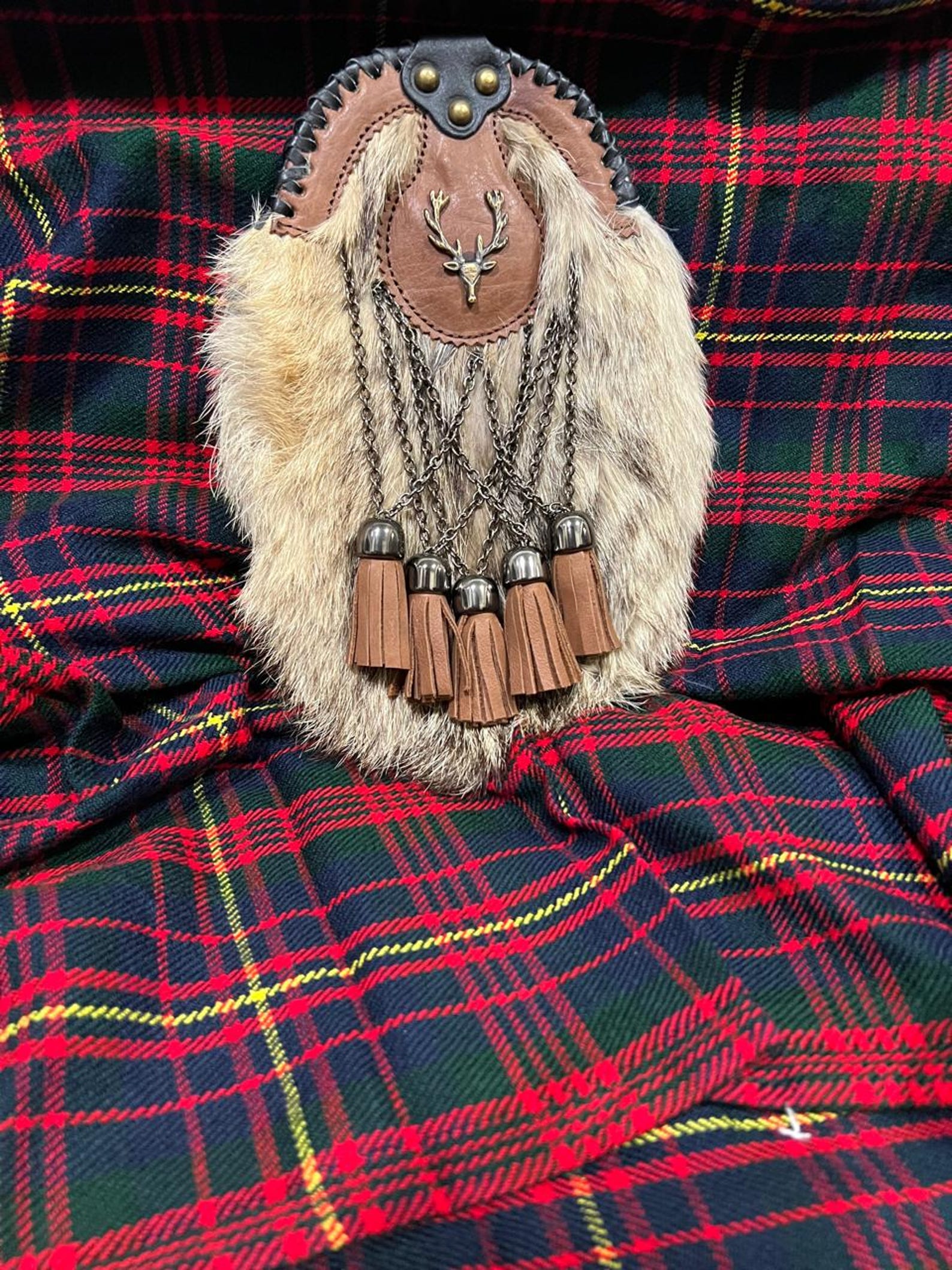 Handmade Scottish Brown Fur Stag Head Style 5 Tussle Leather Kilt ...