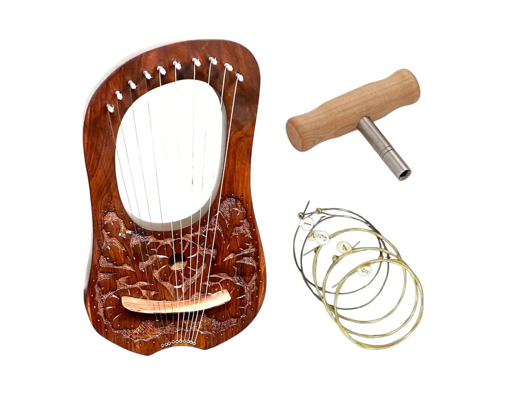 Handmade Rosewood Lyre Harp: Engraved Flower Design, 10 Metal Strings ...
