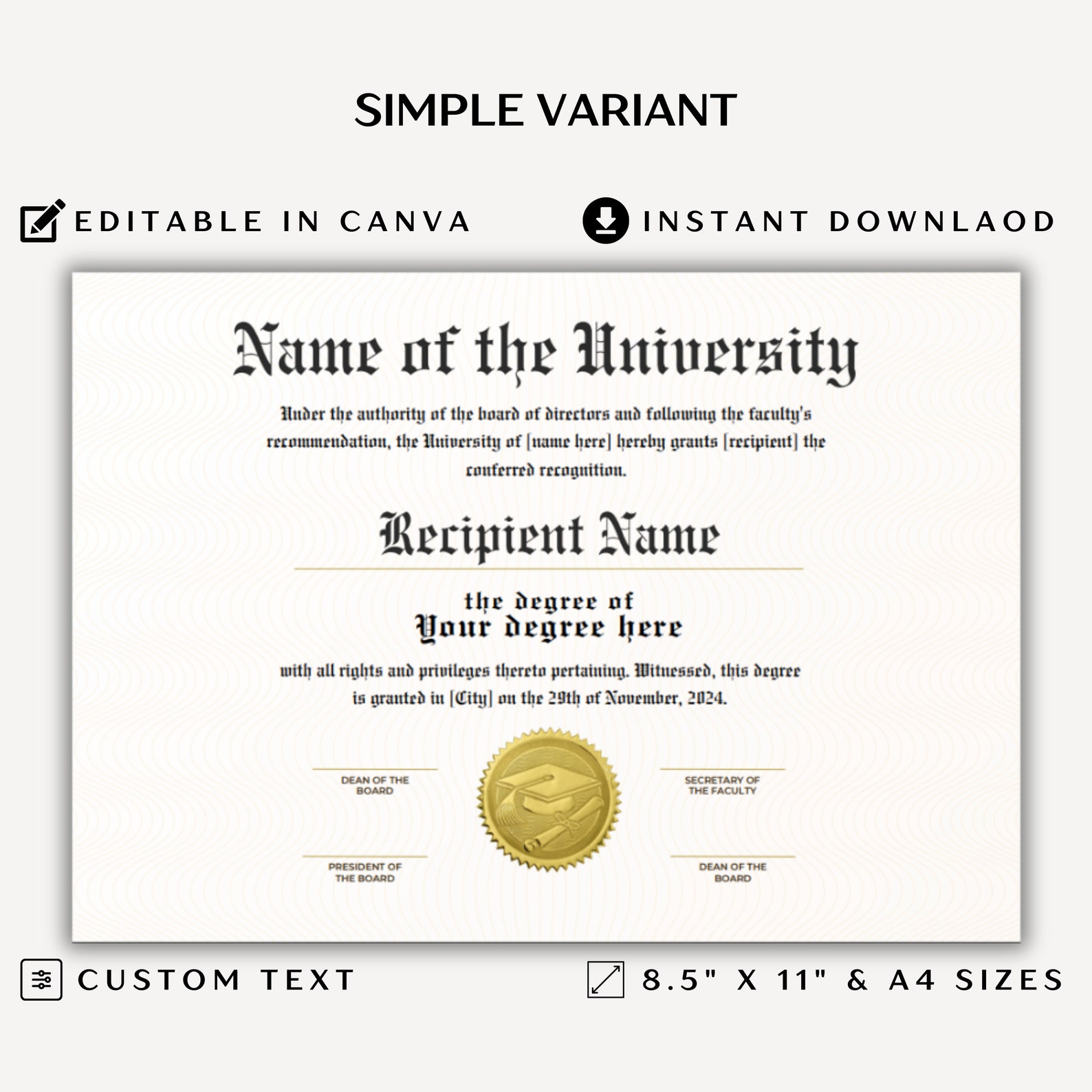 University Diploma, Printable Certificate With Seal, College Diploma ...
