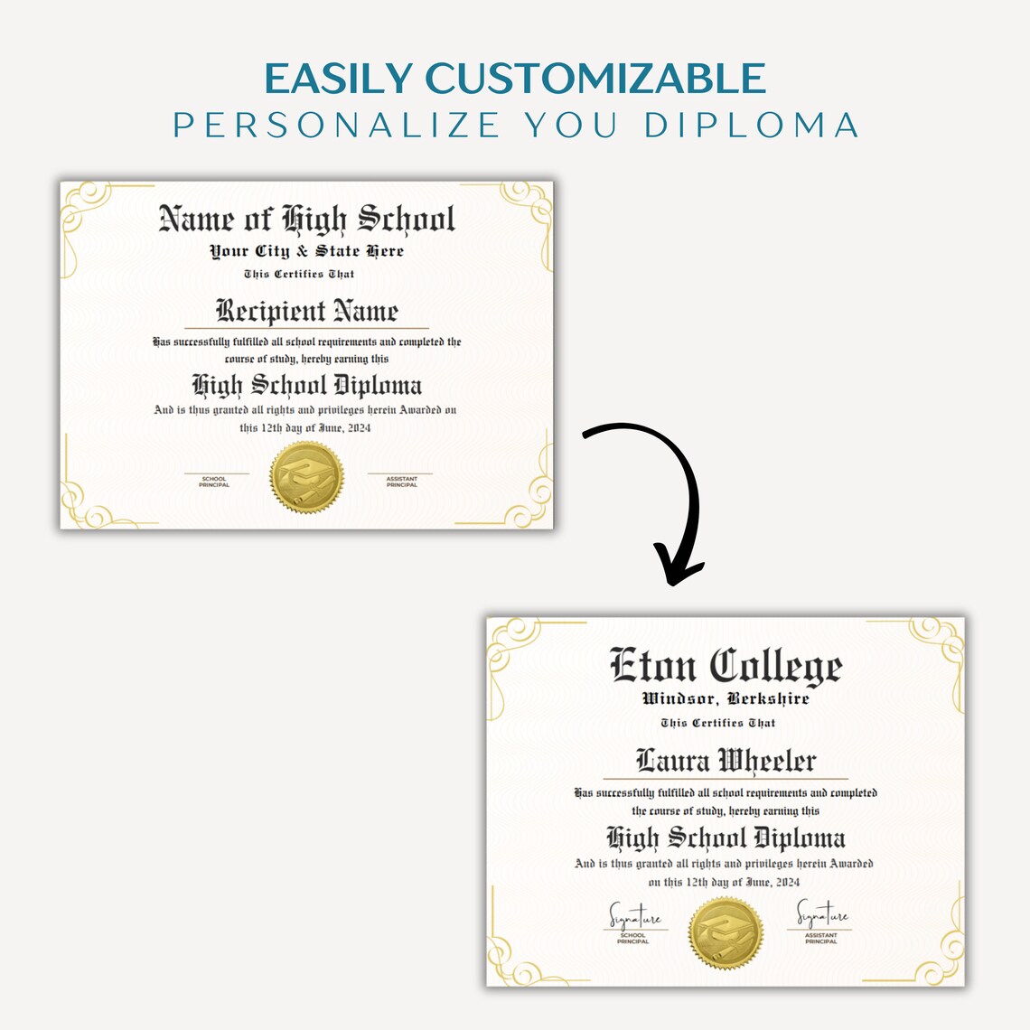 High School Diploma, Canva Editable Diploma Template, Printable ...