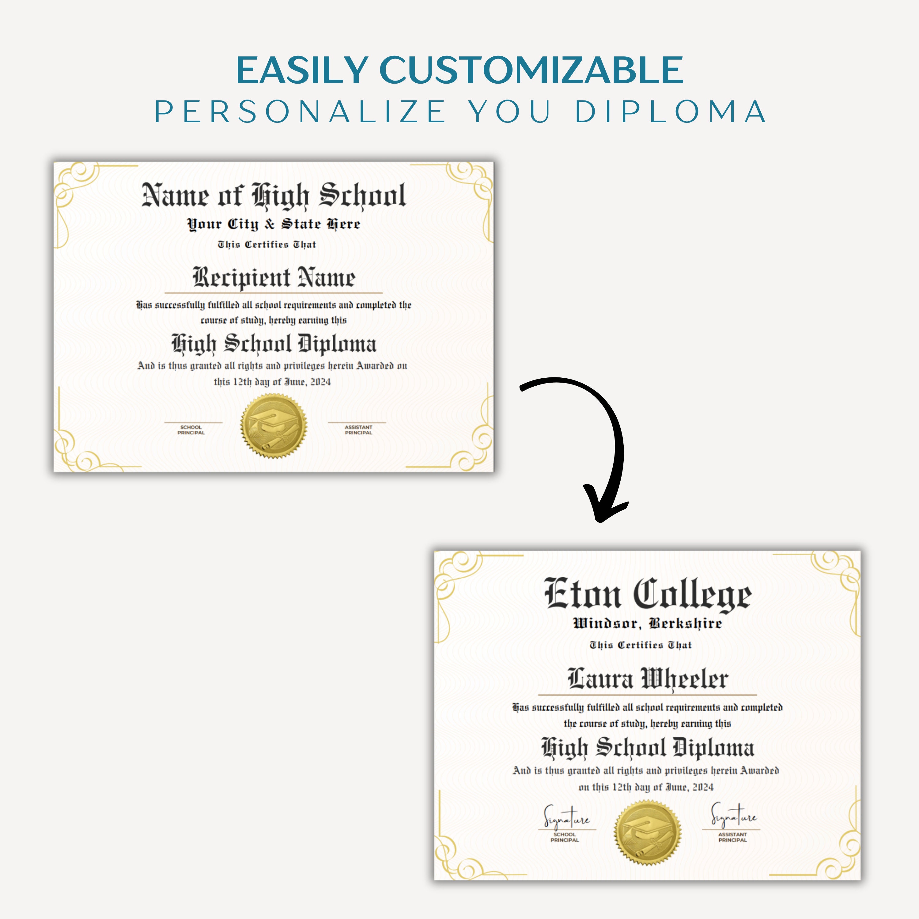 High School Diploma, Canva Editable Diploma Template, Printable ...