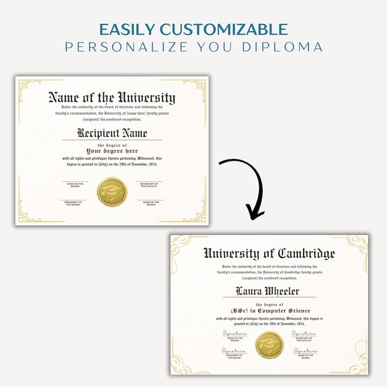 University Diploma, Printable Certificate With Seal, College Diploma ...