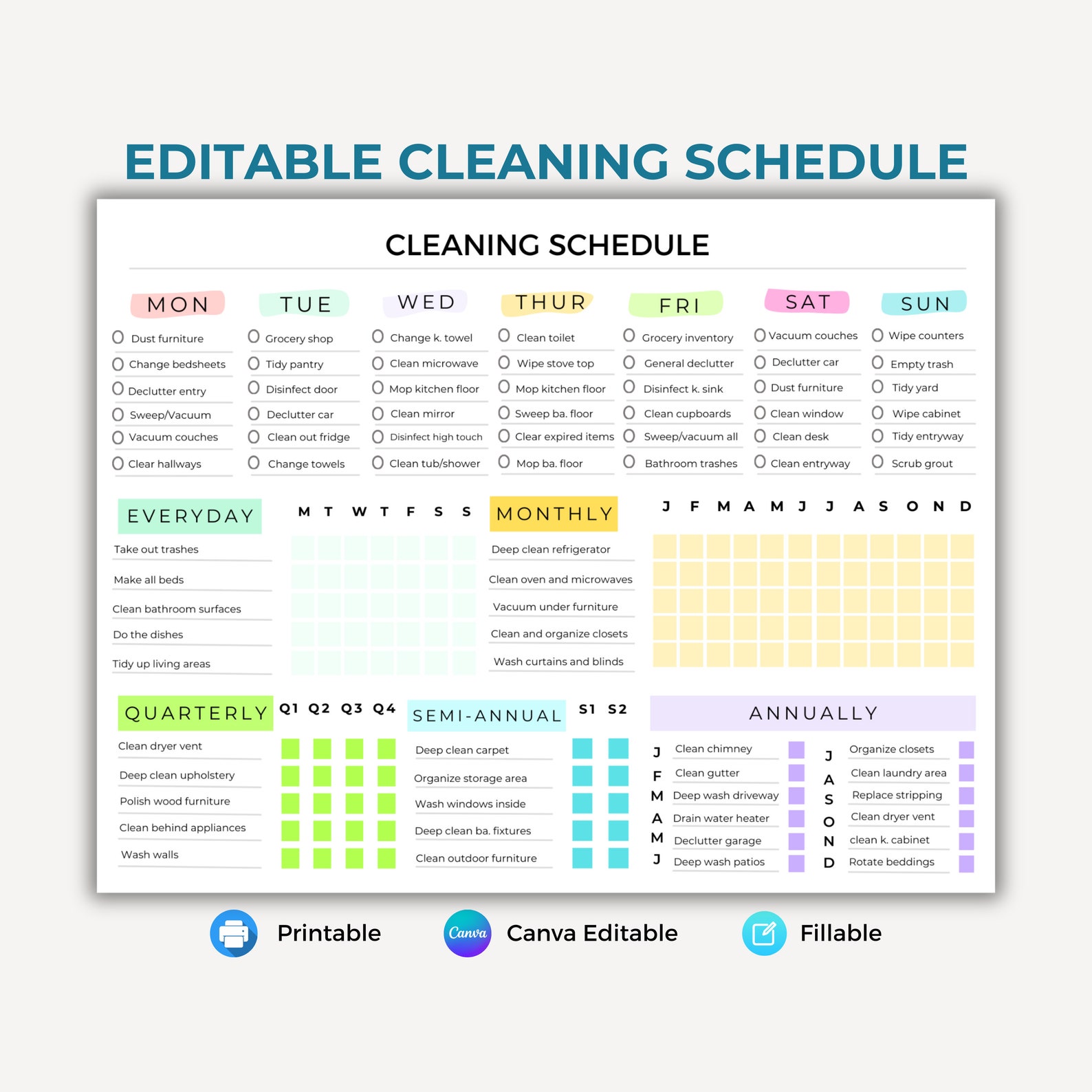 Editable Cleaning Schedule: Colorful Chores Chart (digital Download) - Etsy
