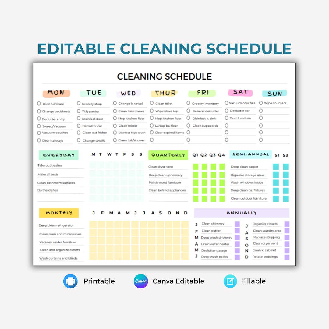 Editable Cleaning Planner, Printable Cleaning Schedule Checklist ...