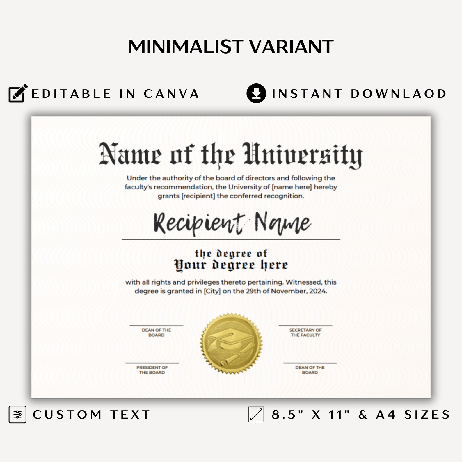 University Diploma, Printable Certificate With Seal, College Diploma ...
