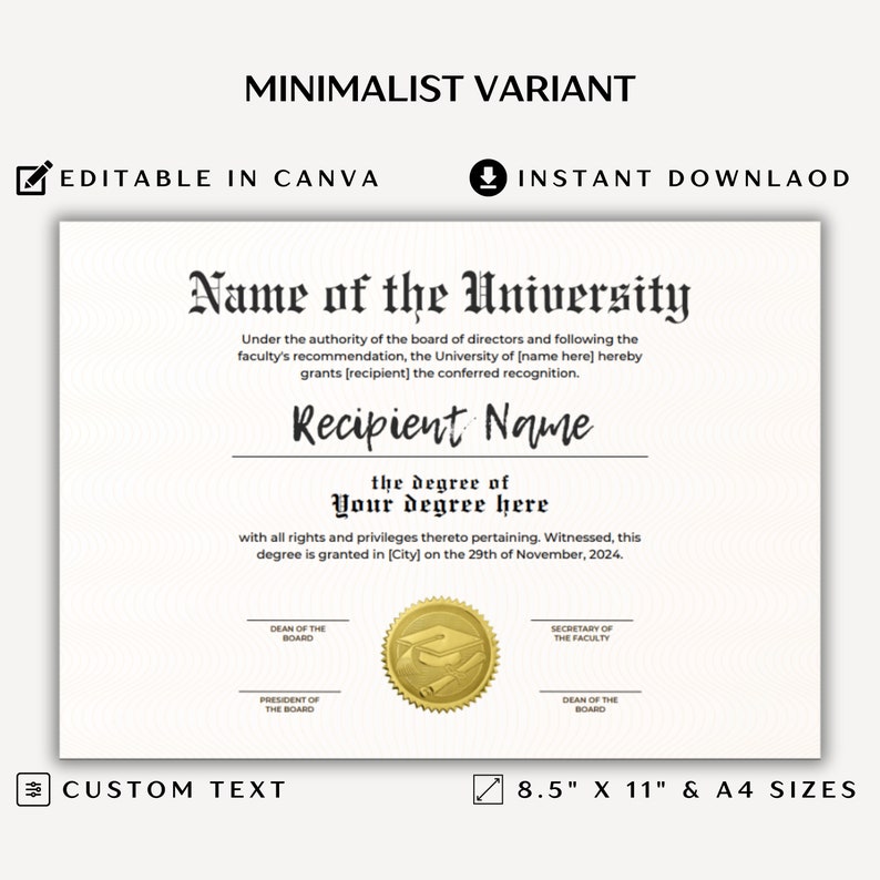 University Diploma, Printable Certificate With Seal, College Diploma ...