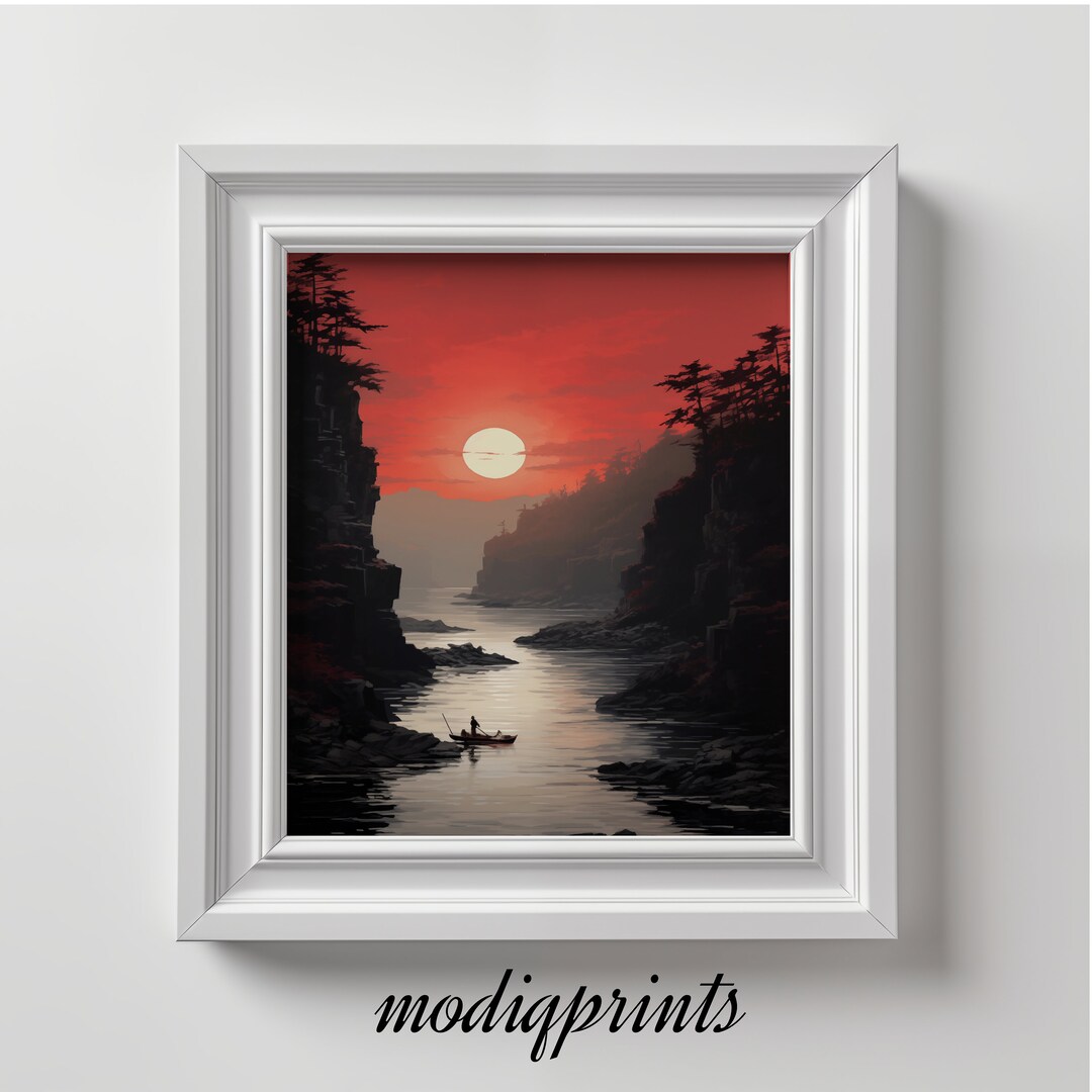 Sunset River Scene Wall Art Painting, Red Sunset Poster, Sunset Wall ...