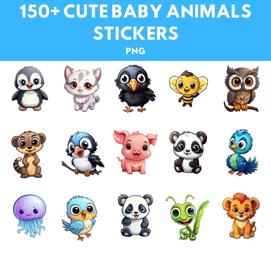 150 Cute Baby Animals Stickers Bundle, High Resolution Png Images ...