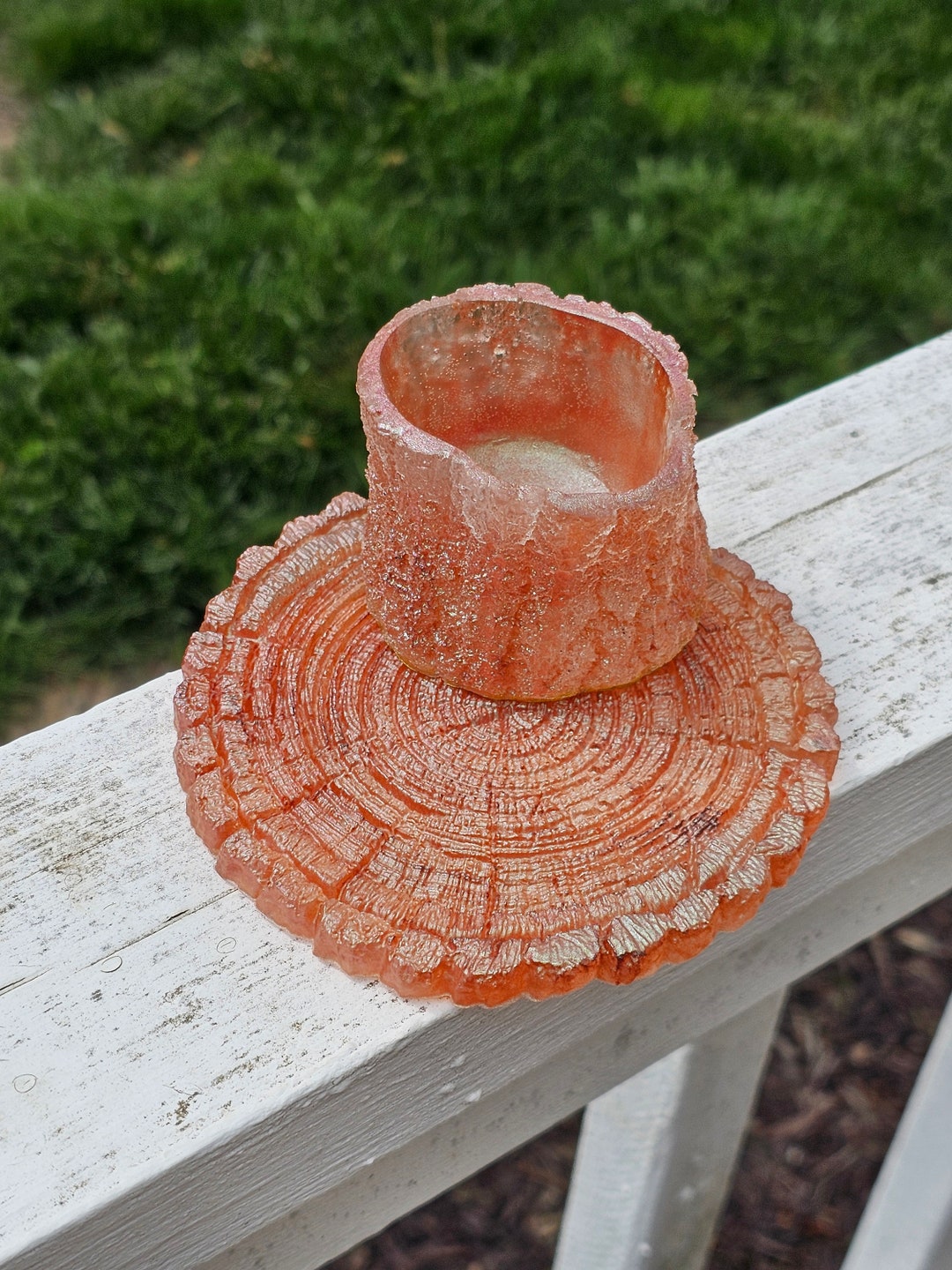 Tree Stump Dish and Wood Slab Tray Set, Rustic. Copper With Green/gold ...