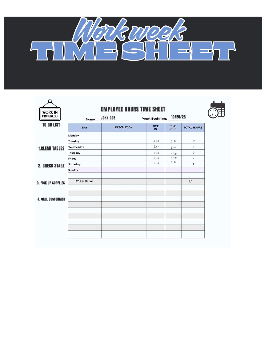 Printable Weekly Timesheet - Etsy
