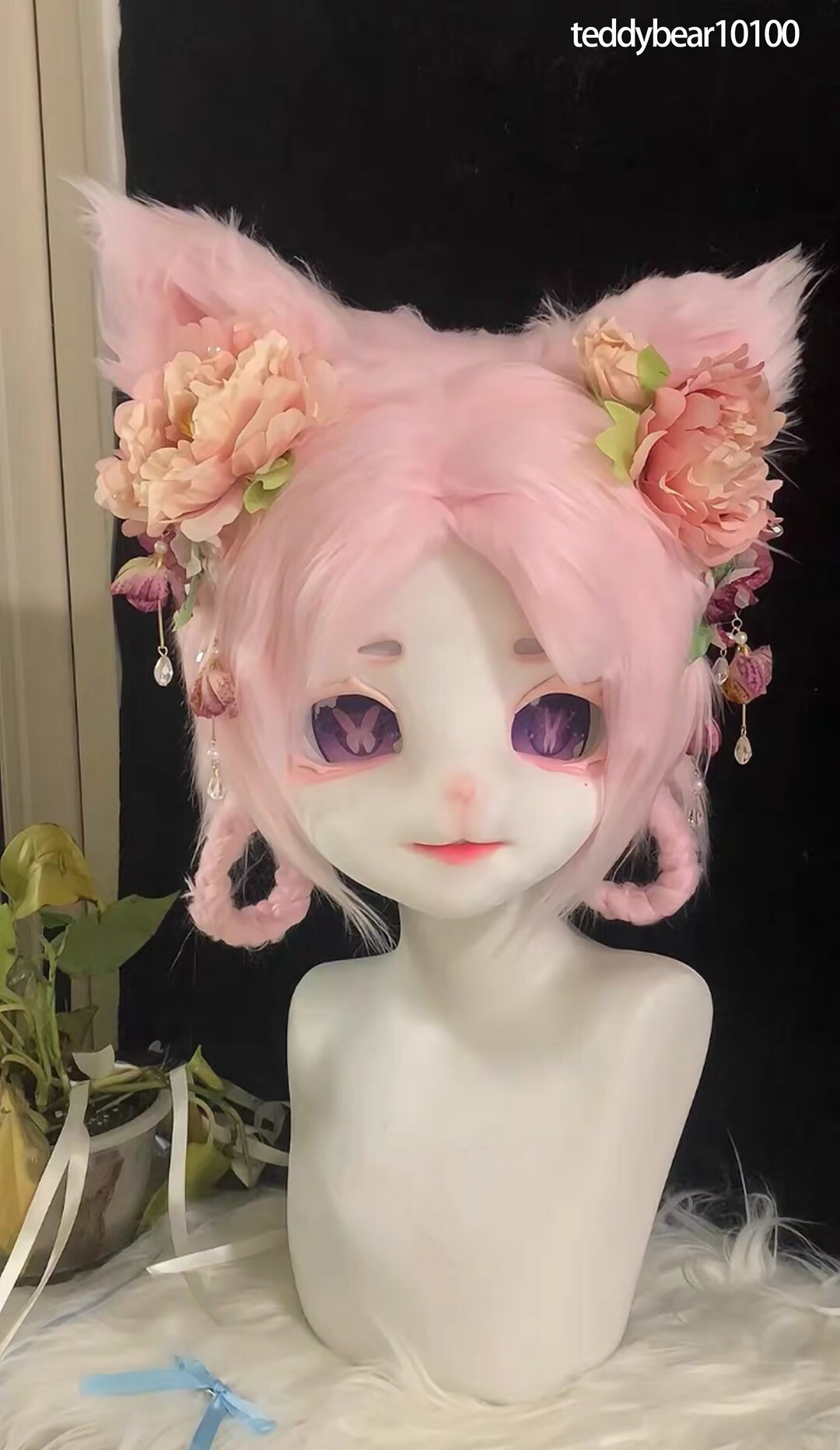 Kigurumi Fursuit Head, Furry Pink Cute Fursuit Fox Mask, Kemono Fursuit ...