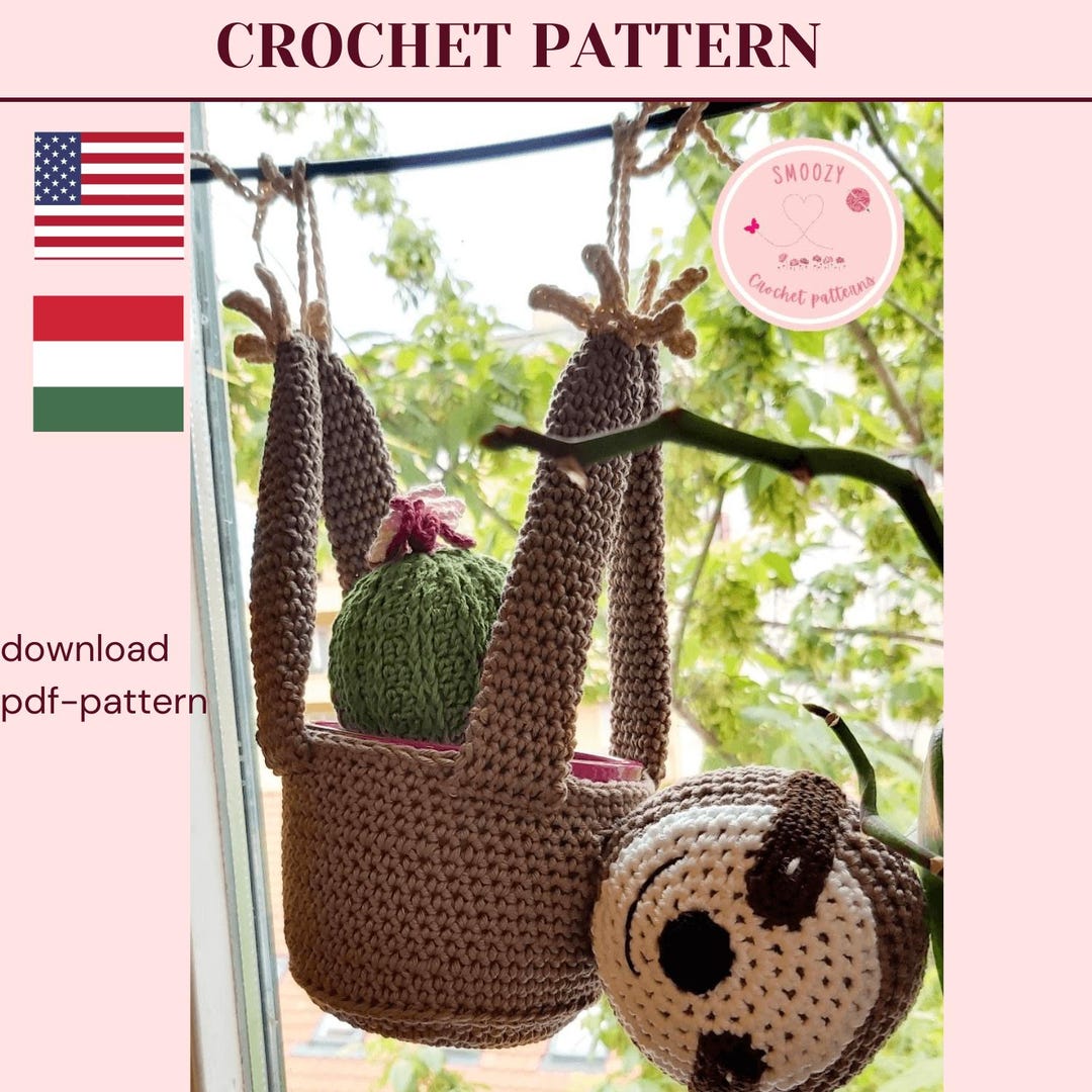 Sloth Flower Pot Holder Crochet Pattern, Hanging Crochet Planter, Sloth ...