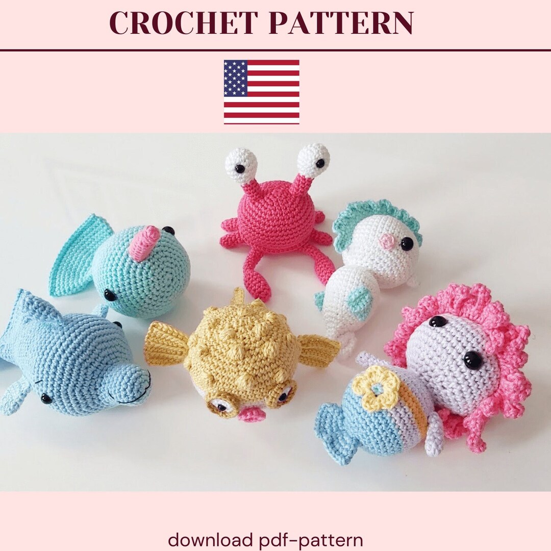 Crohet Sea Animals Set: Crab, Seahorse, Narwhal, Mermaid, Pufferfish ...