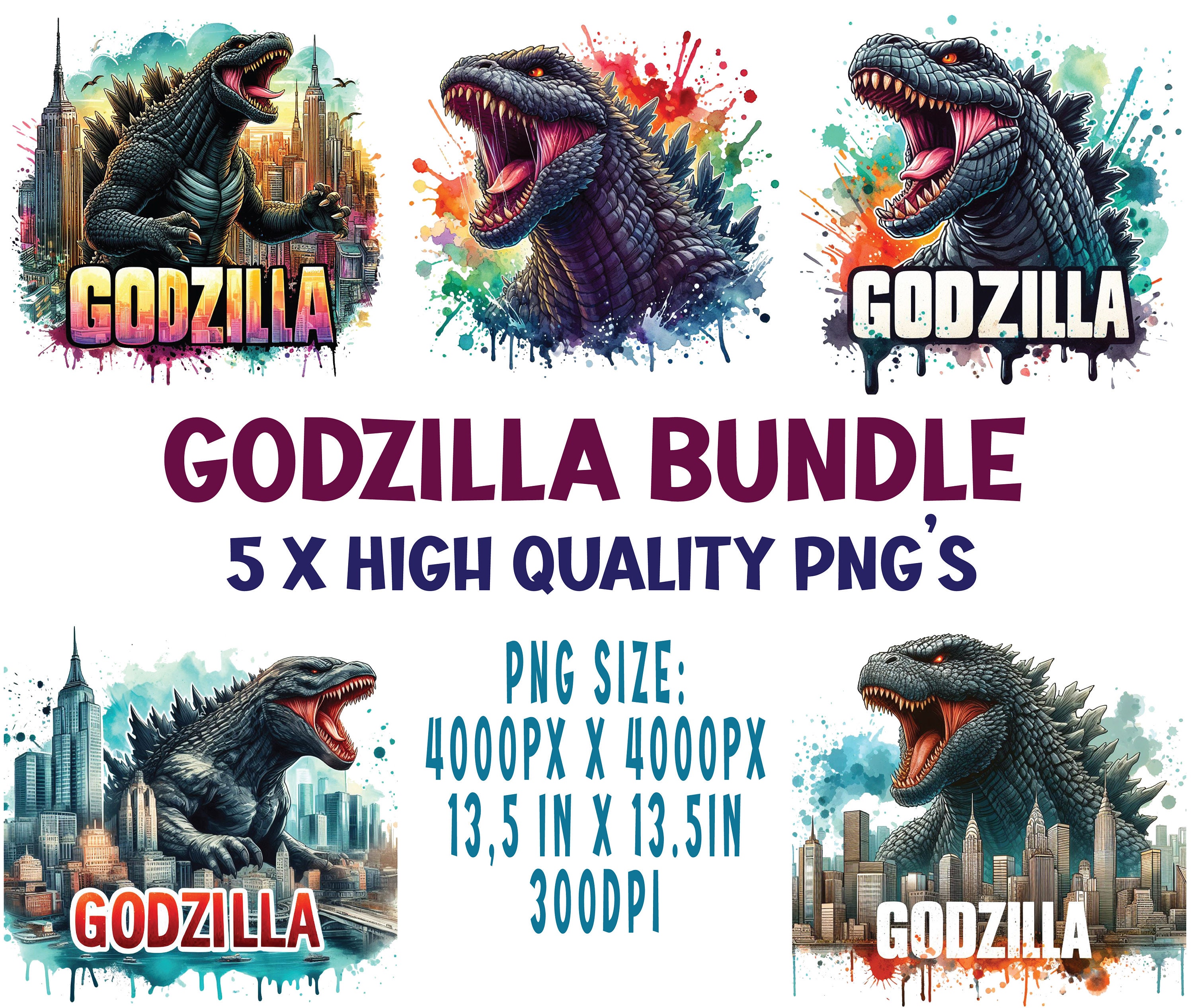Godzilla X 5 Bundle Godzilla in Watercolor PNG, Godzilla T-shirt Design ...