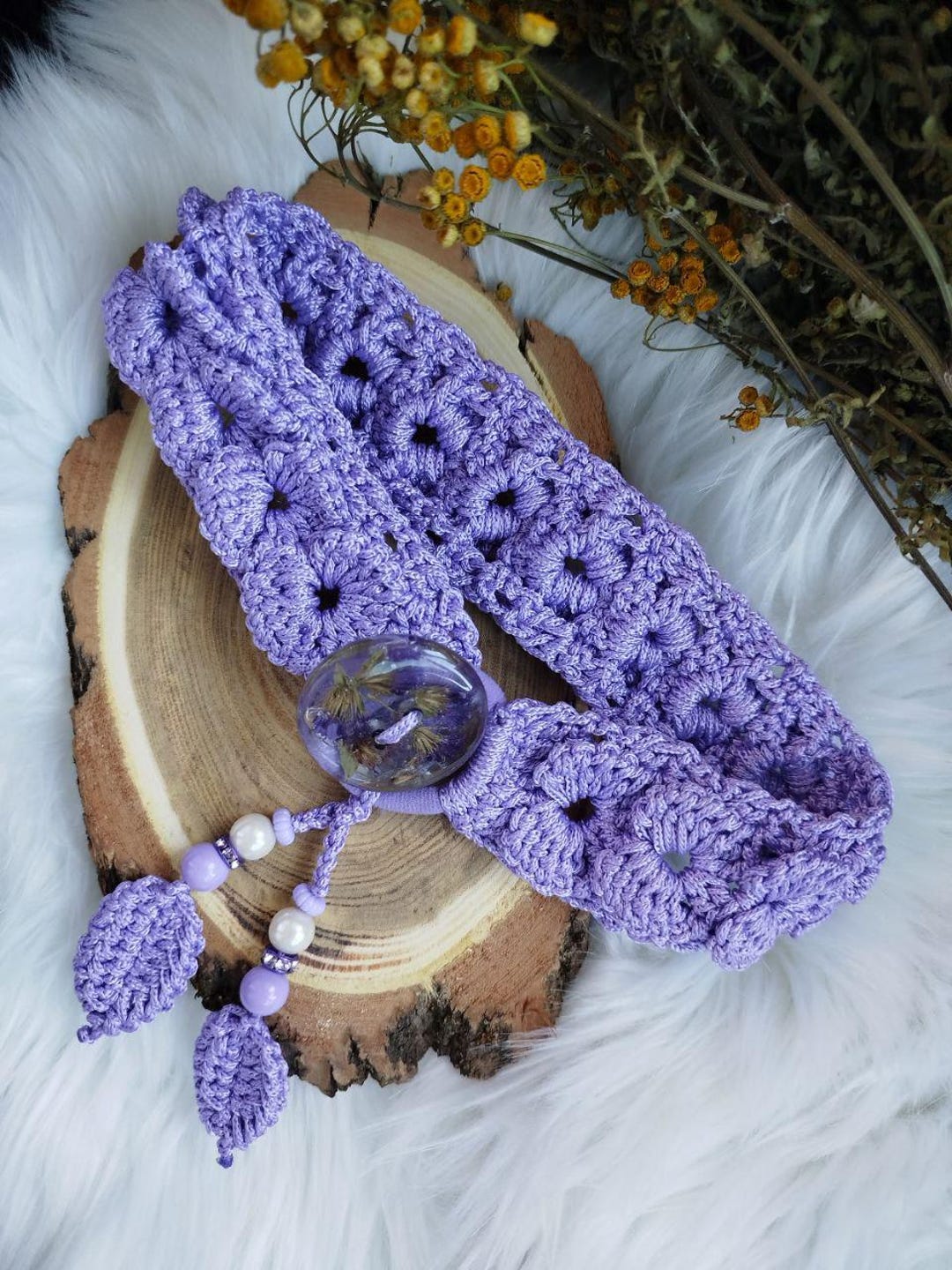 Lavender Boho Chic Crochet Lace Hair Tie With Handcrafted Button ...