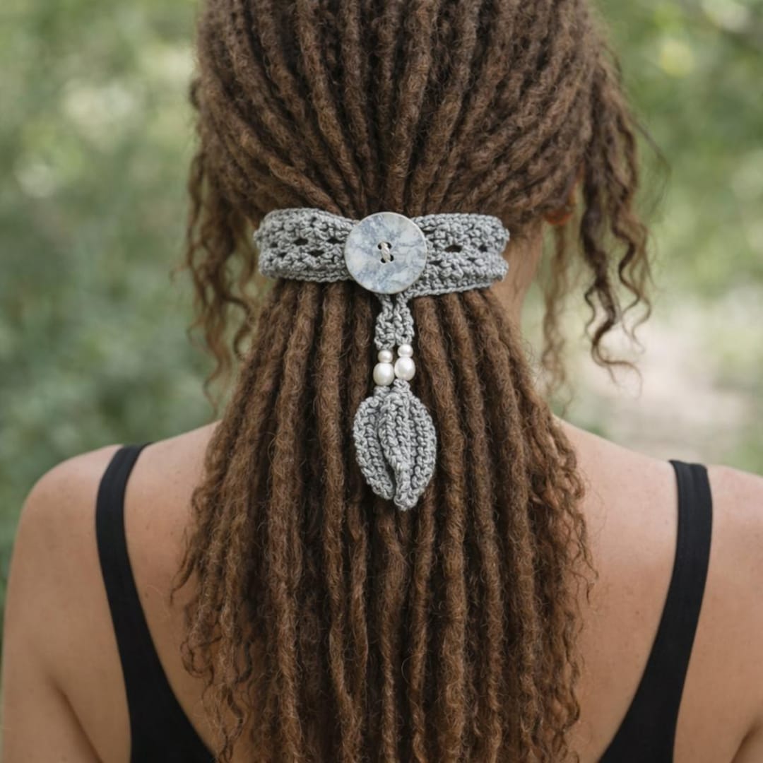 Boho Wood Hair Tie With Crocheted Lace and Rubber Band Grey - Etsy