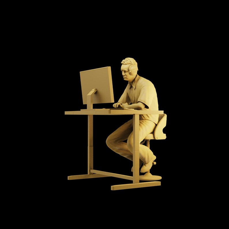 Unpainted Scale Figure 1/35 1/43 1/64 Computer Programmer at Desk 3D ...
