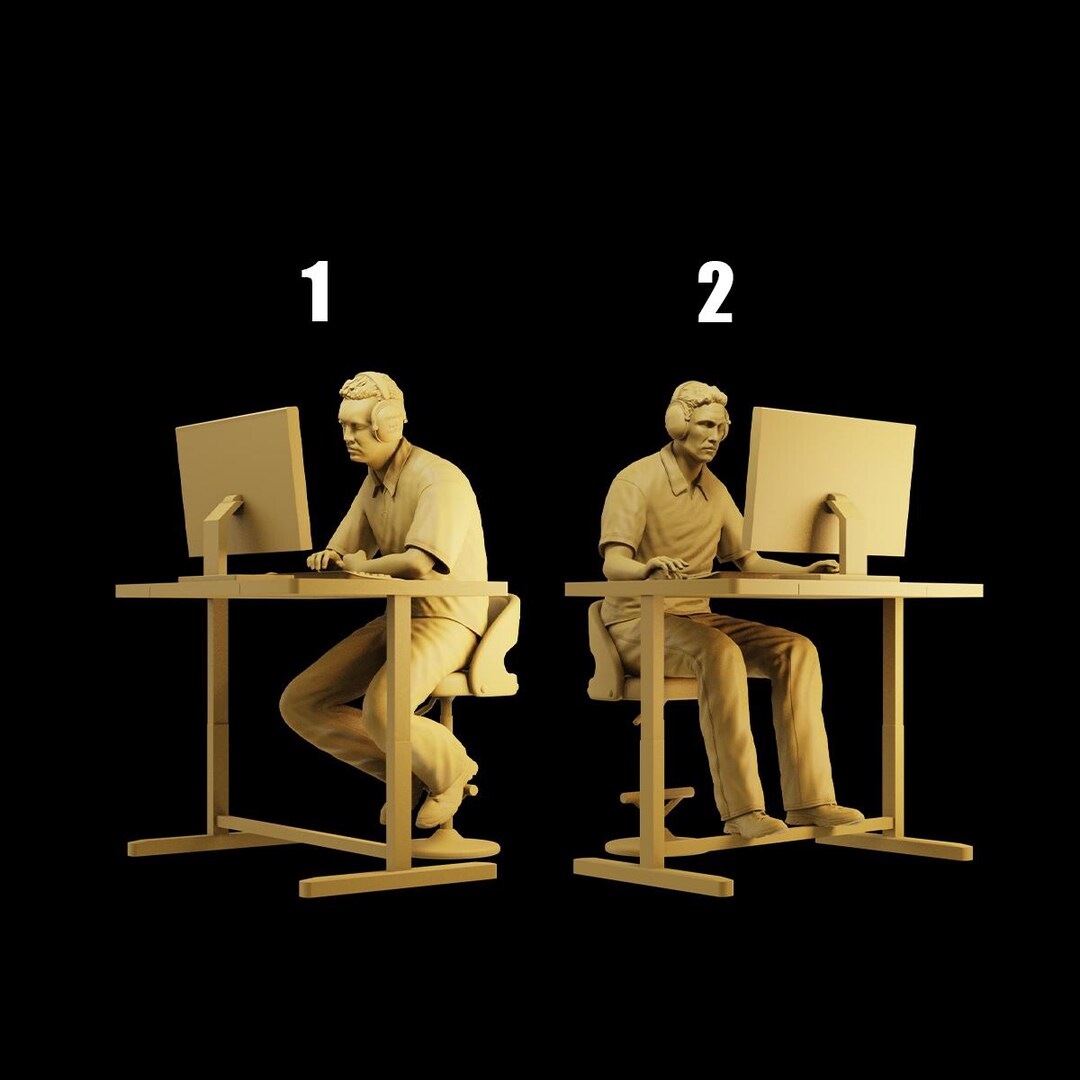 Unpainted Scale Figure 1/35 1/43 1/64 Computer Programmer at Desk 3D ...
