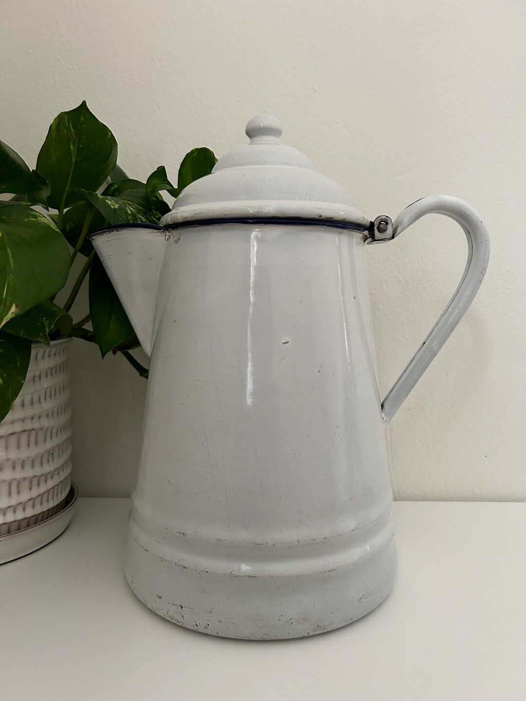 Vintage Enamelware Pitcher Vase Coffee Pot, Snow White - Etsy