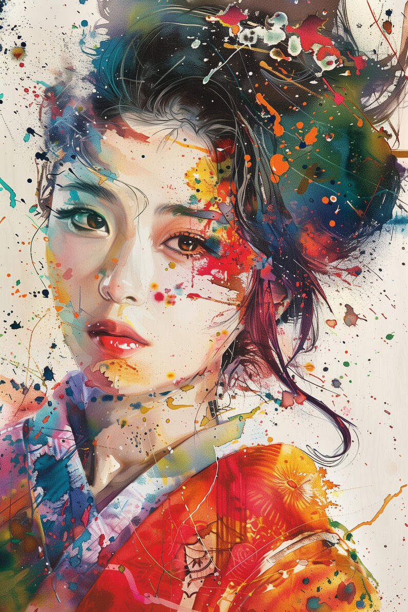 Watercolor Geisha Wall Art Poster, Splatter Colors Style, Collection 2 ...