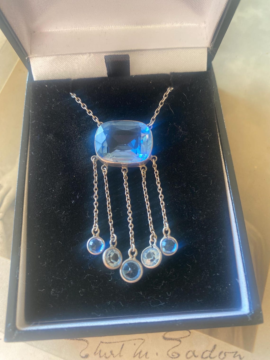 Vintage French Silver Sapphire Crystal Paste Festoon Negligee Pendant ...