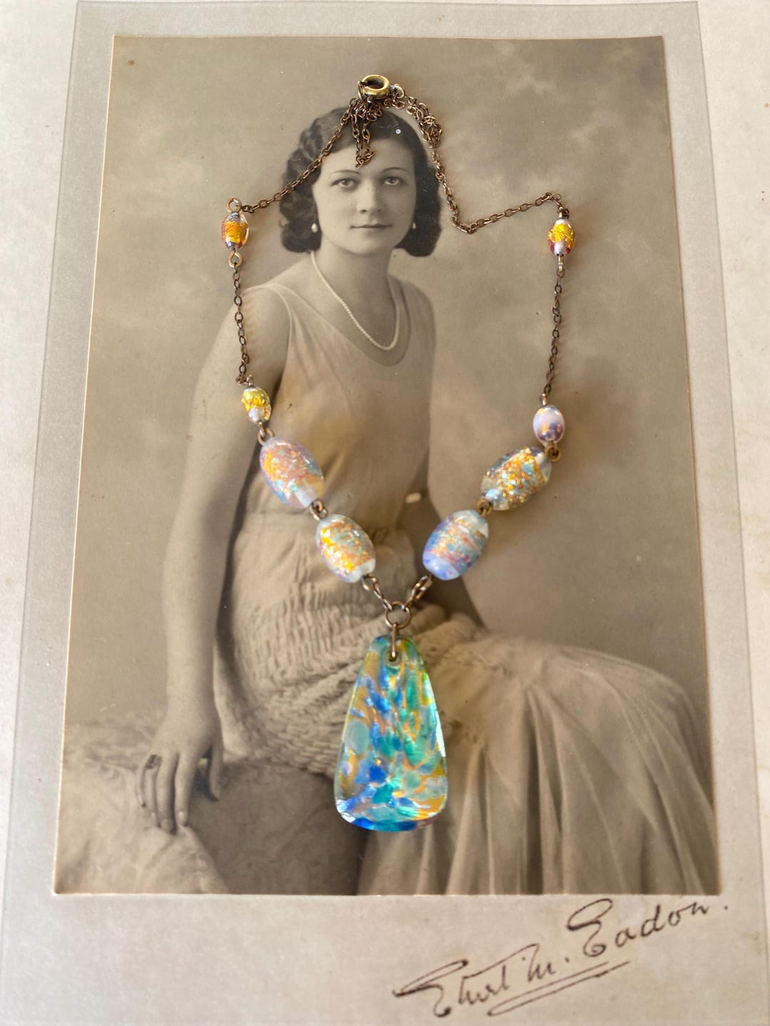 Edwardian Arts & Crafts Czech Opal Foil Bead Negligee Pendant Necklace ...
