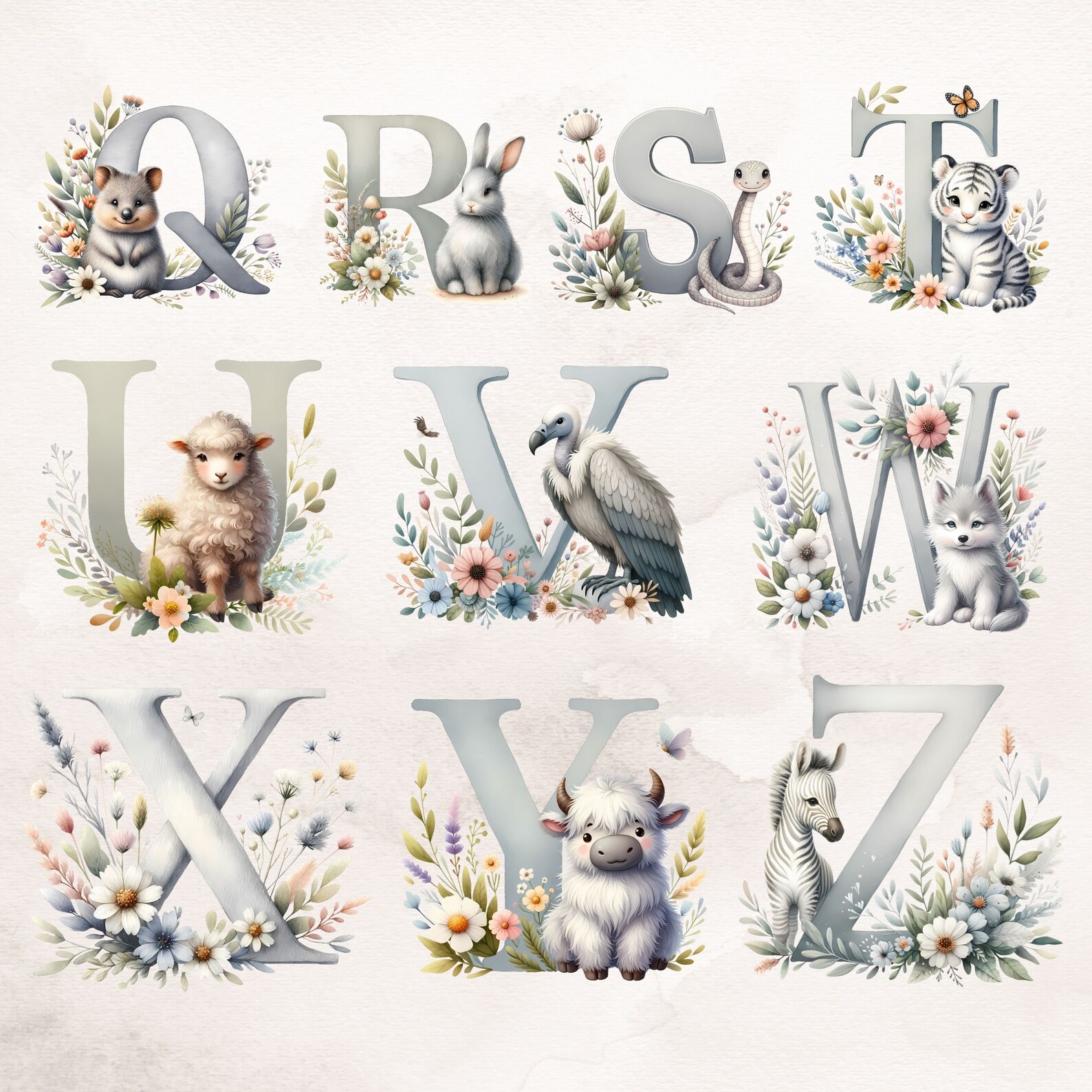 Animal Alphabet Clipart Bundle Watercolor Woodland Letters Png Doodle ...