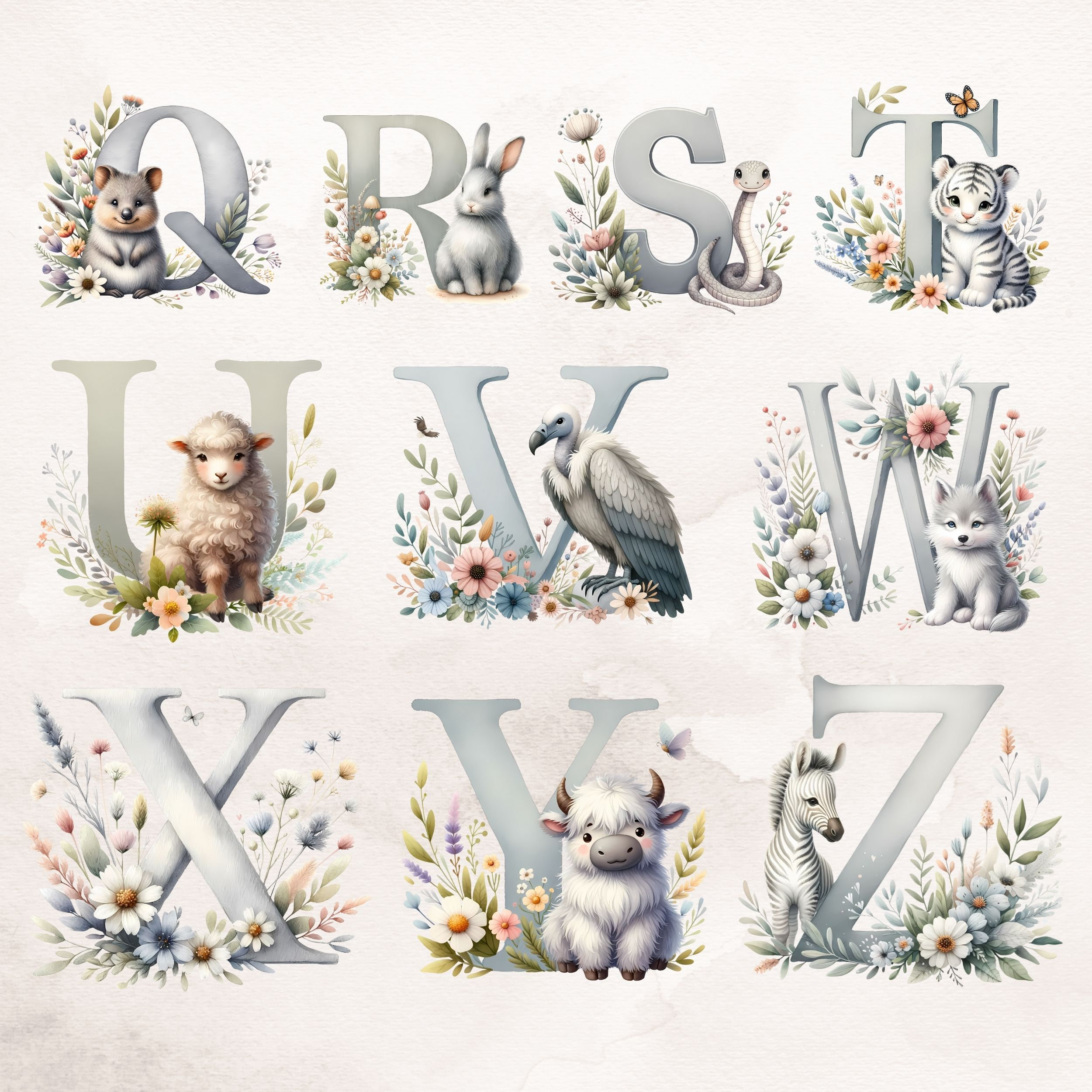 Animal Alphabet Clipart Bundle Watercolor Woodland Letters Png Doodle ...