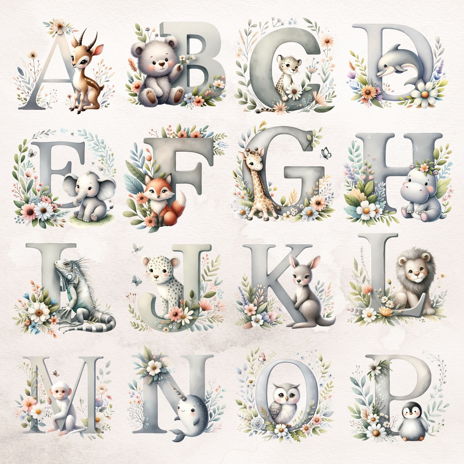 Animal Alphabet Clipart Bundle Watercolor Woodland Letters Png Doodle ...