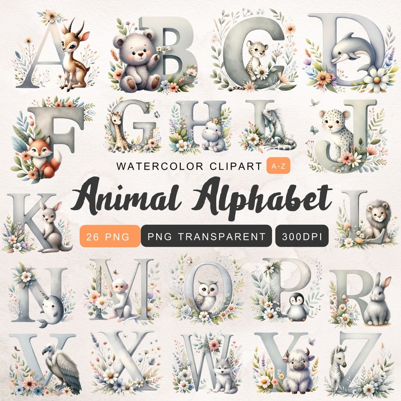 Animal Alphabet Clipart Bundle Watercolor Woodland Letters Png Doodle ...