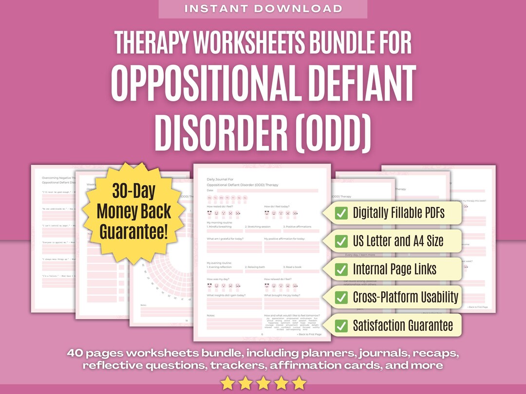 Oppositional Defiant Disorder ODD Therapy Worksheets Bundle 40 Pages ...