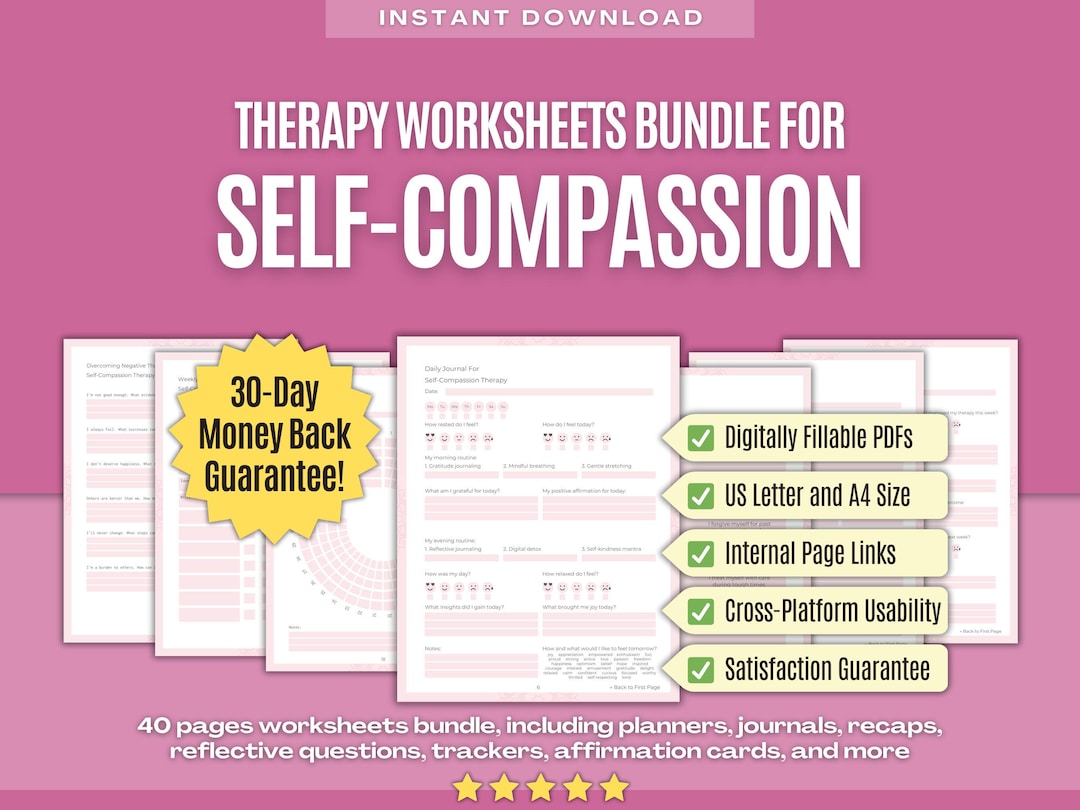 Self-compassion Therapy Worksheets Bundle 40 Pages, Journals, Workbooks ...