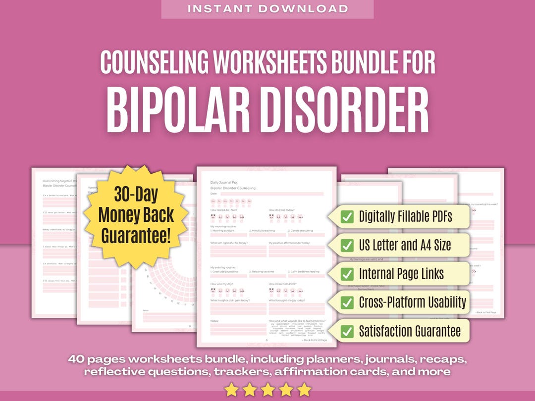 Bipolar Disorder Counseling Worksheets Bundle 40 Pages, Journals ...