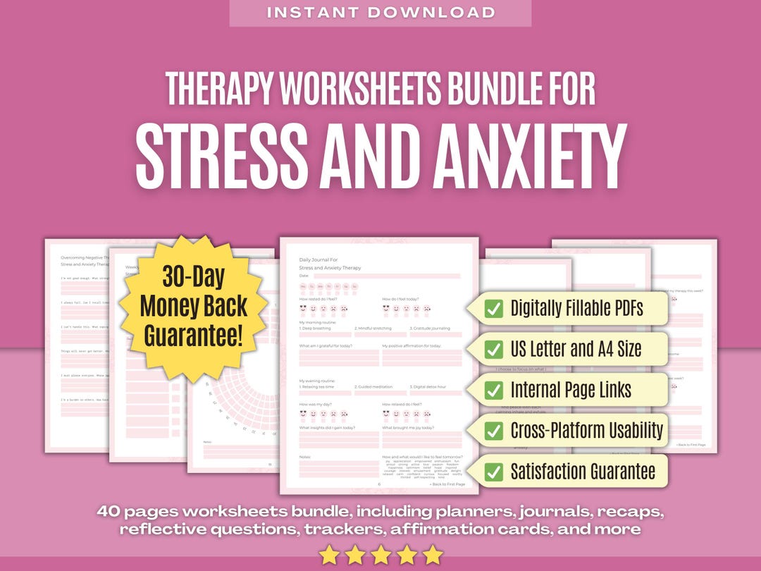 Stress and Anxiety Therapy Worksheets Bundle 40 Pages, Journals ...